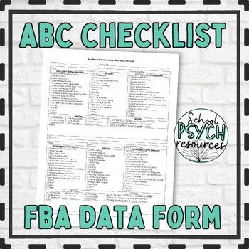 FBA ABC Checklist Behavior Data Form School Psychologist Behavior ...