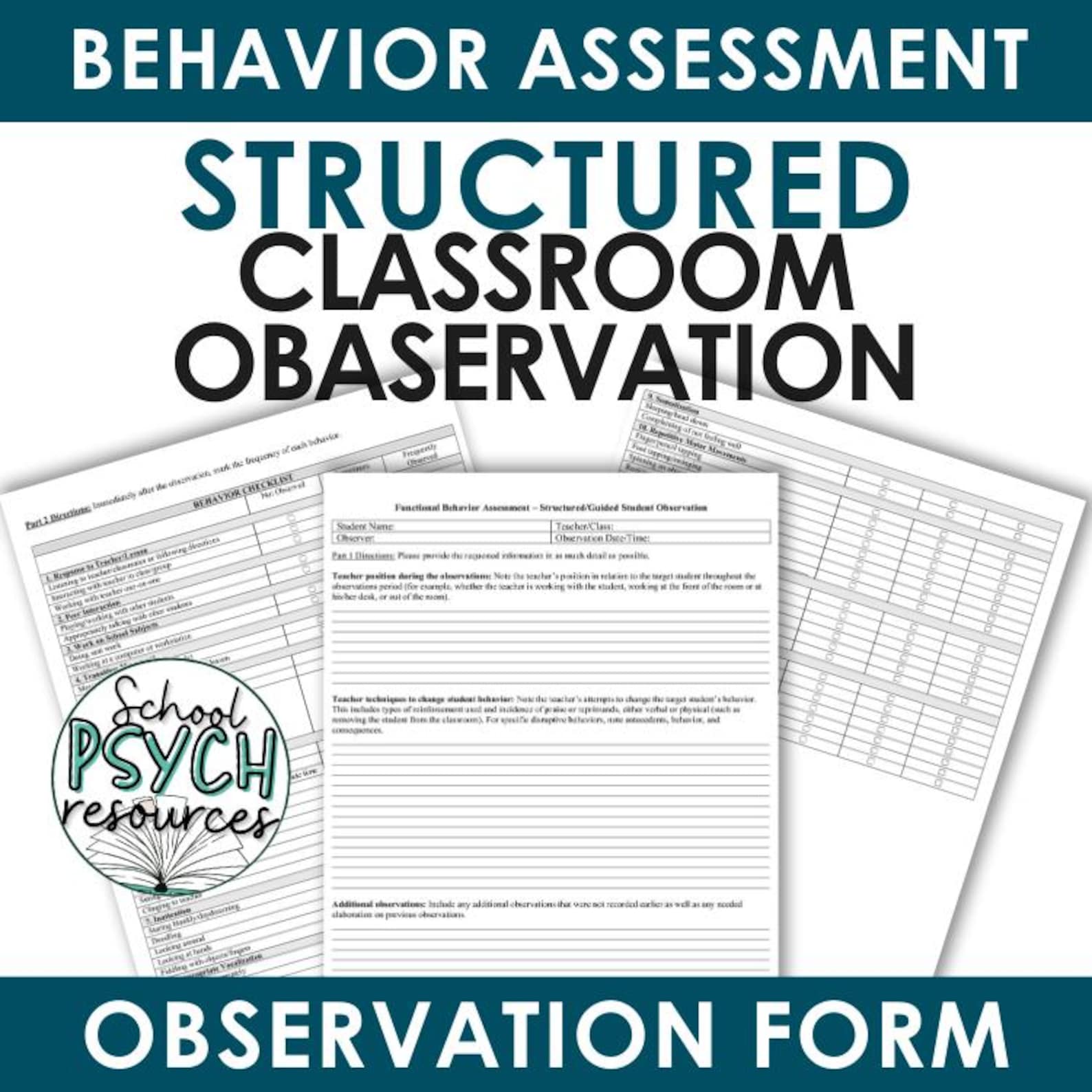 FBA Structured Class Observation Form School Psychologist Behavior ...