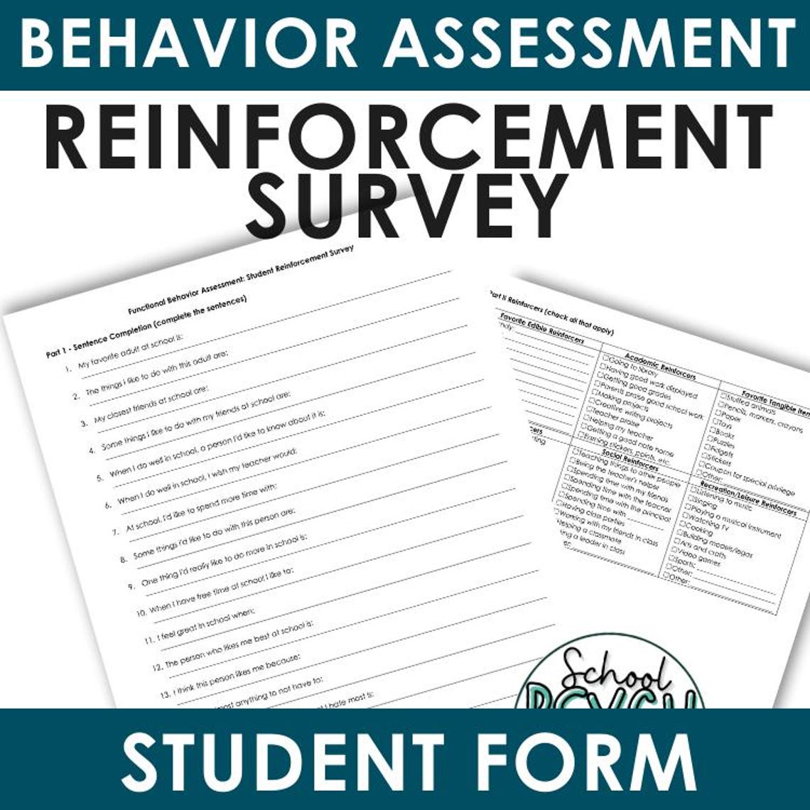 FBA Form Reinforcement Inventory School Psychologist Behavior Special ...