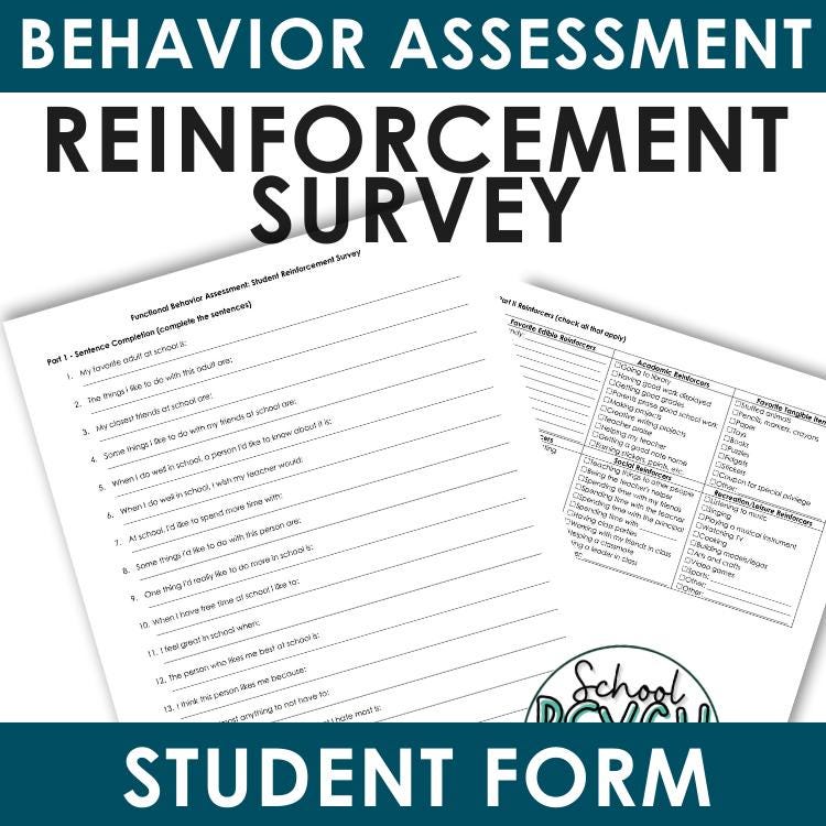 FBA Form Reinforcement Inventory School Psychologist Behavior Special ...