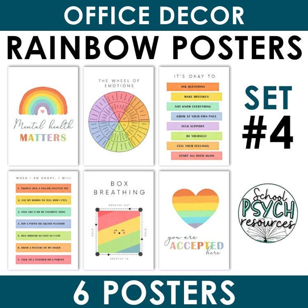 RAINBOW Posters SET 4 Breathing Mindfulness Relaxation Classroom Office ...