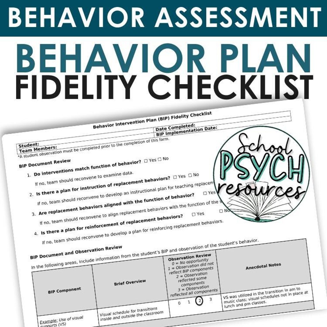 FBA Form BIP Fidelity Review Behavior Intervention Plan Fidelity ...