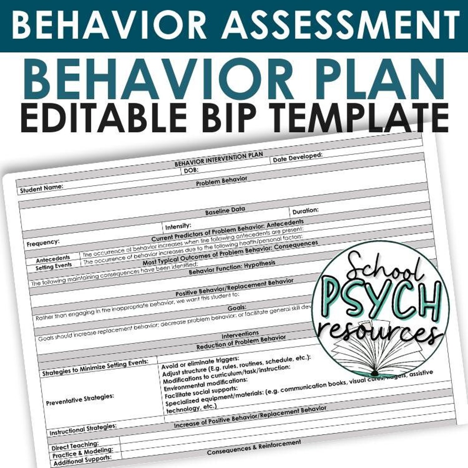 FBA Form BIP Behavior Intervention Plan Template School Psych Analysis ...