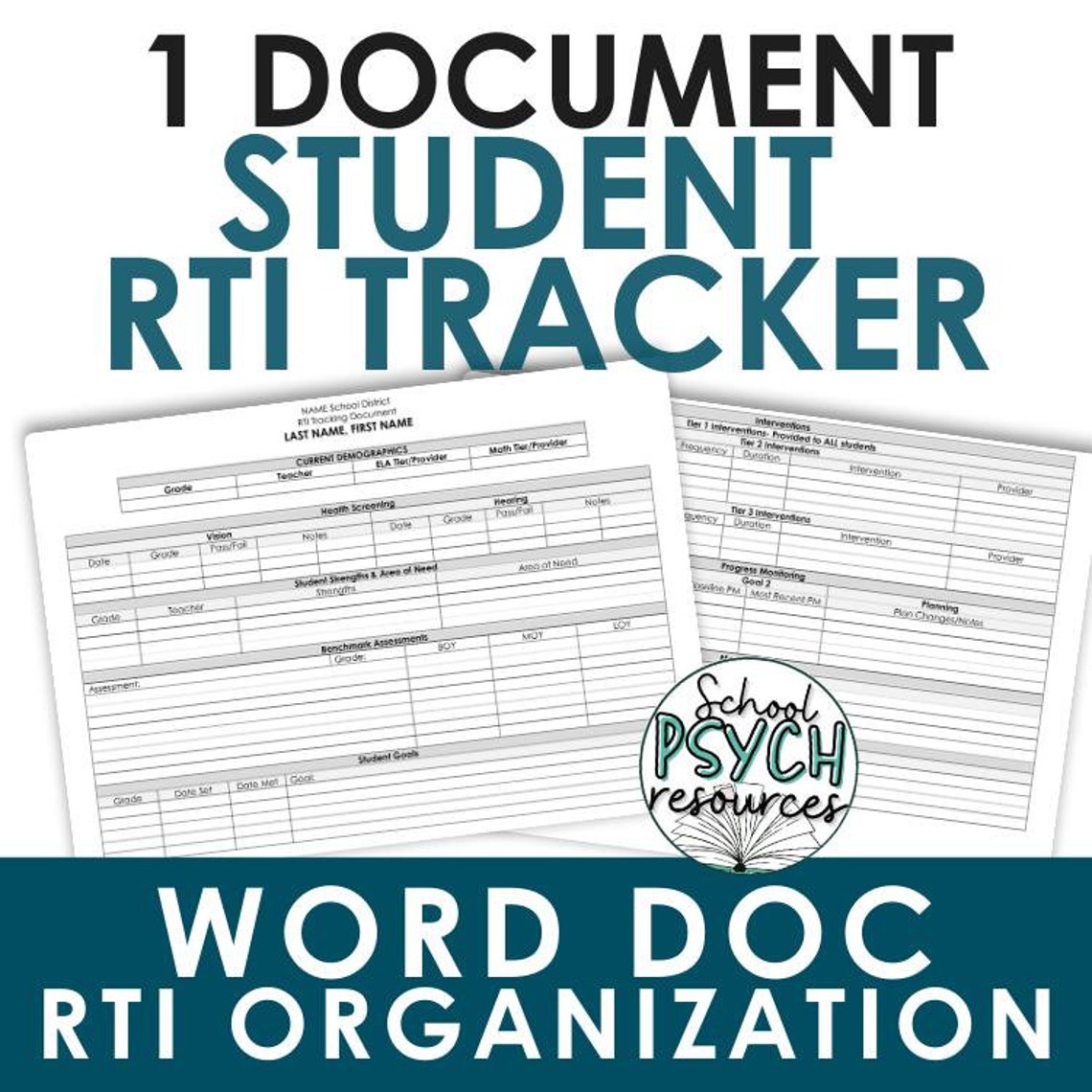 RTI Organization Student Intervention Tracker One Doc School Psych MTSS ...