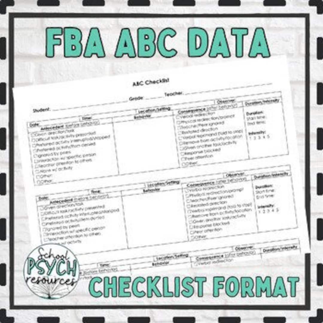 FBA ABC Checklist Behavior Data Form School Psychologist Behavior ...