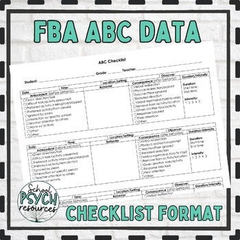 FBA ABC Checklist Behavior Data Form School Psychologist Behavior ...