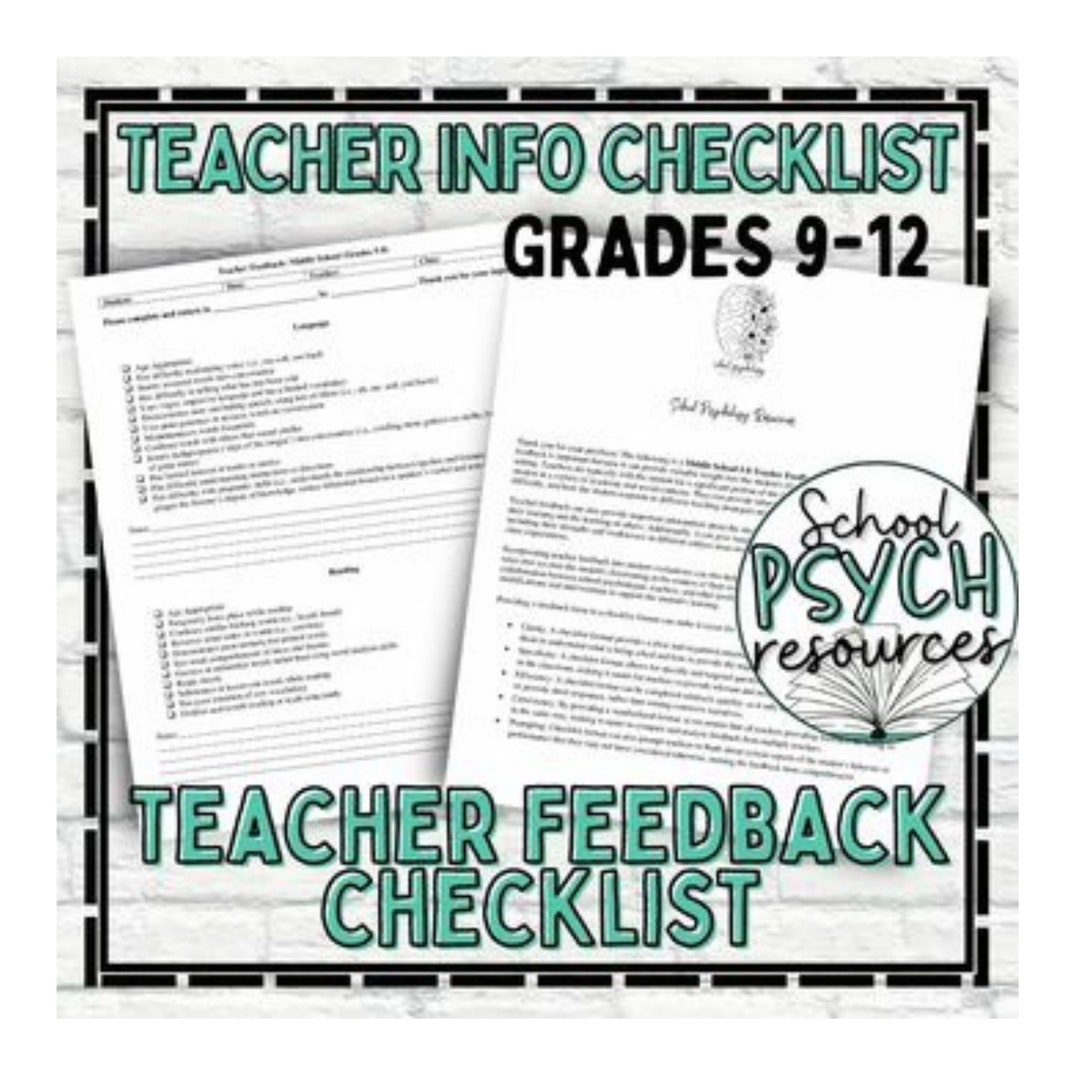 School Psychology Teacher Interview Info Feedback Checklist Grades 9-12 ...