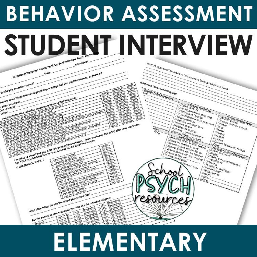 FBA Form Elementary Student Interview Questionnaire School Psychologist Behavior, Special ...