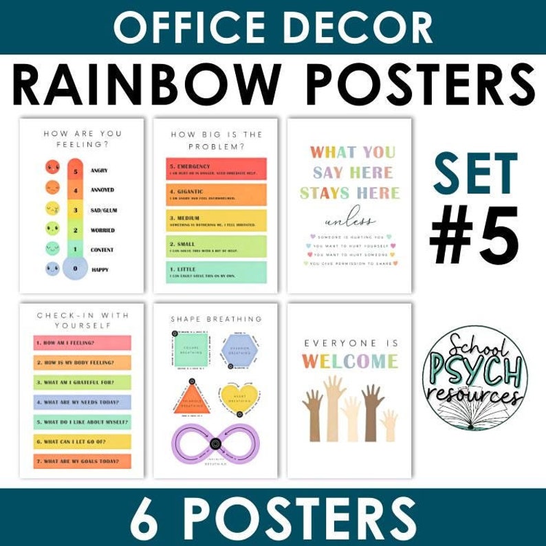 RAINBOW Posters SET 5 Breathing Mindfulness Relaxation Classroom Office ...