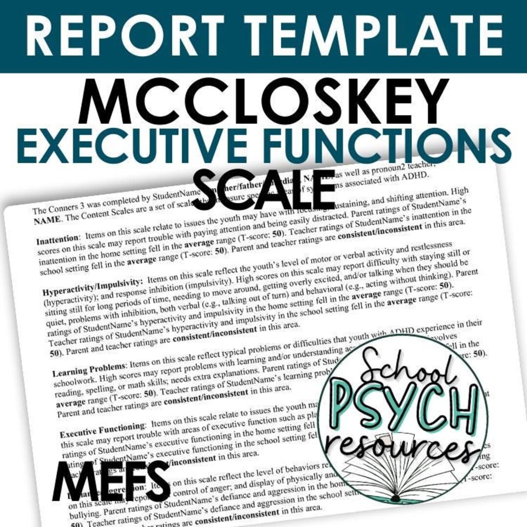 MEFS Mccloskey Executive Function Scale Report Template School Psych Special Ed, Special ...