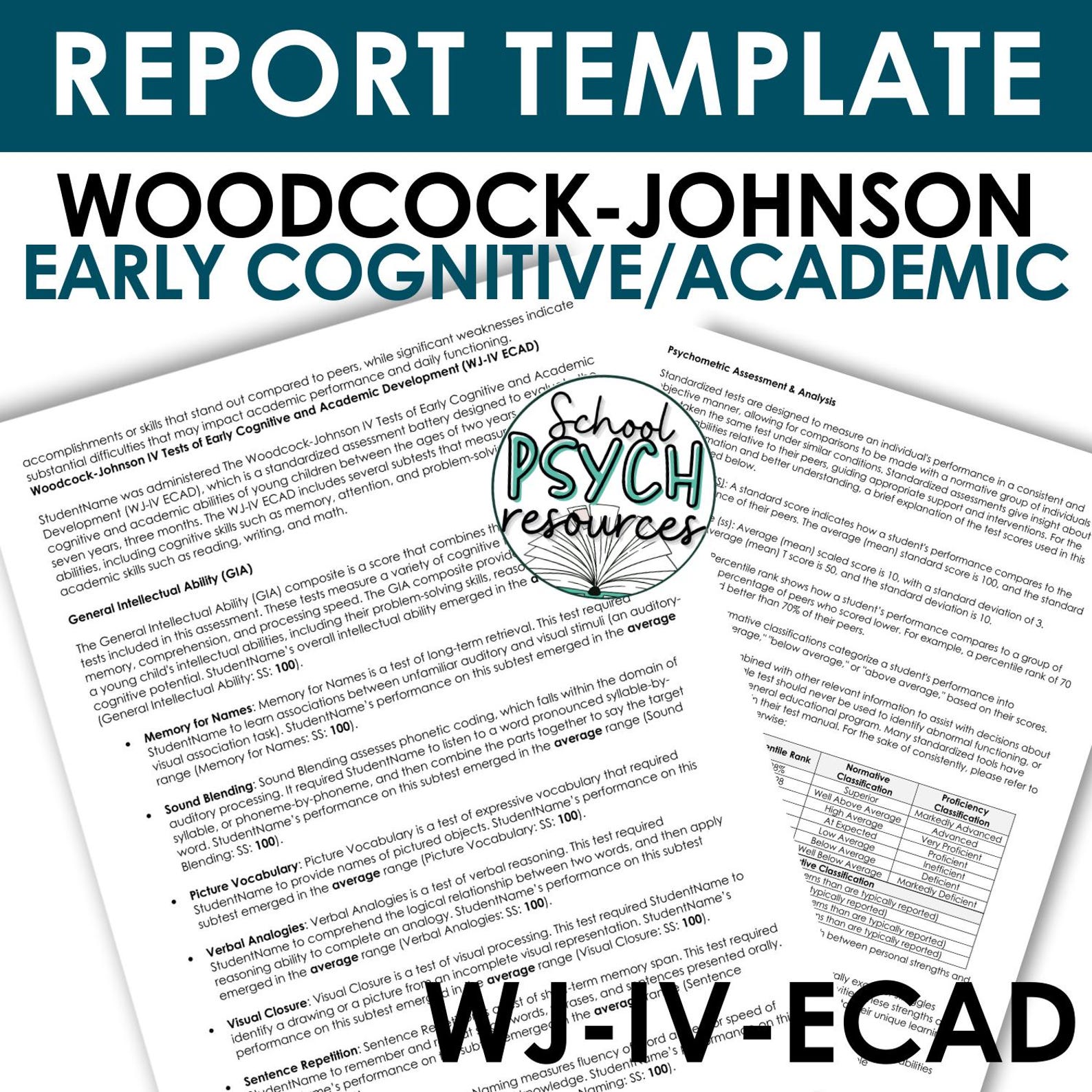 WJ ECAD Report Template School Psychology Special Education Assessment ...