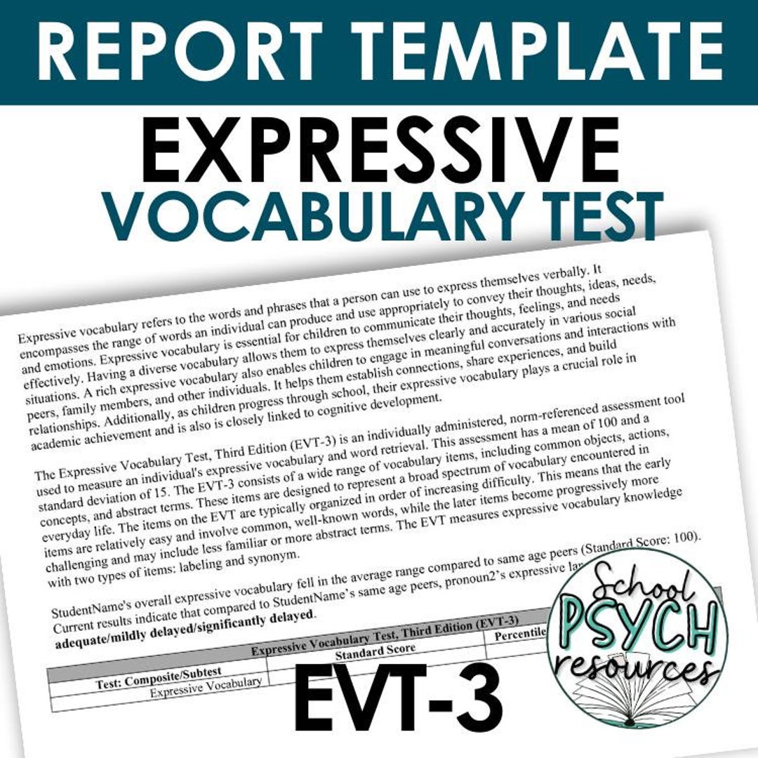 Expressive Vocabulary Test EVT3 Report Template School Psych Special Ed ...