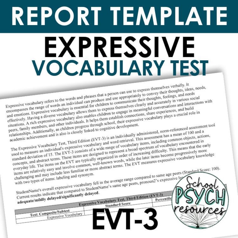 Expressive Vocabulary Test EVT3 Report Template School Psych Special Ed ...