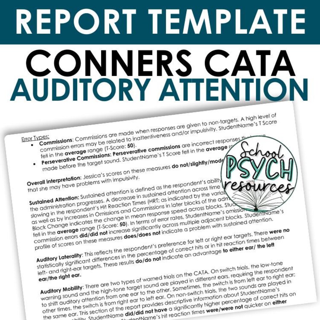 Conners CATA Report Template School Psych Special Education ADHD ...