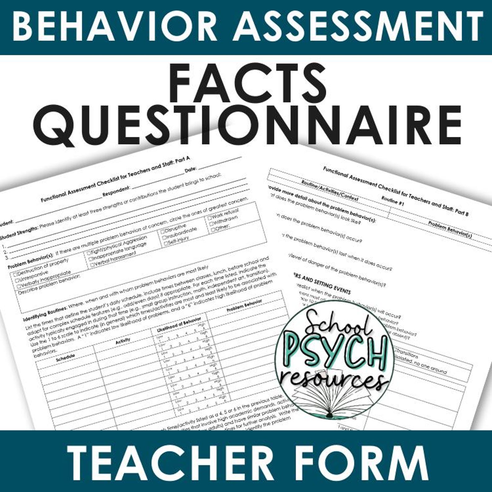 FBA Form Teacher FACTS Interview Questionnaire SPED School Psychologist ...
