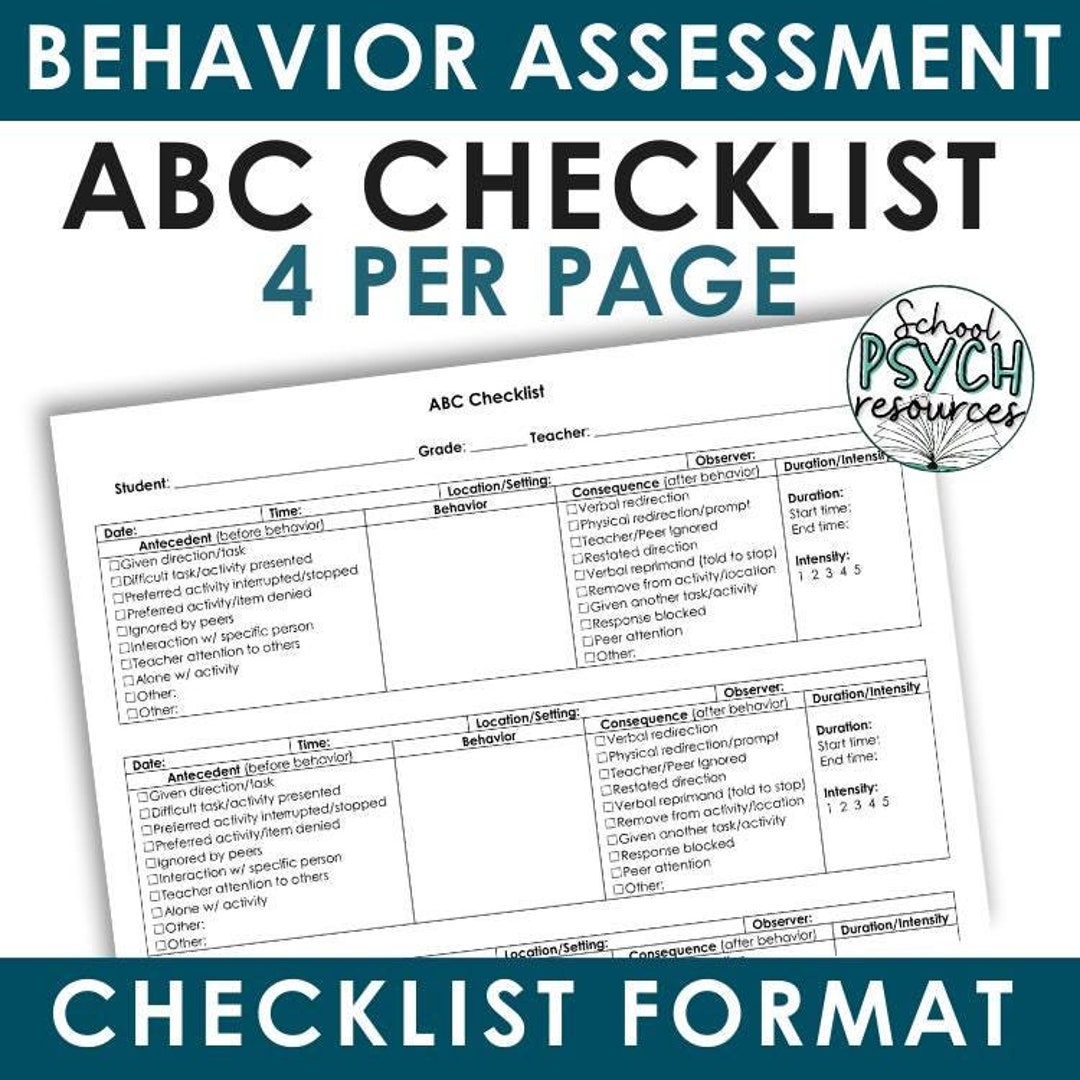 FBA ABC Checklist Behavior Data Form School Psychologist Behavior ...