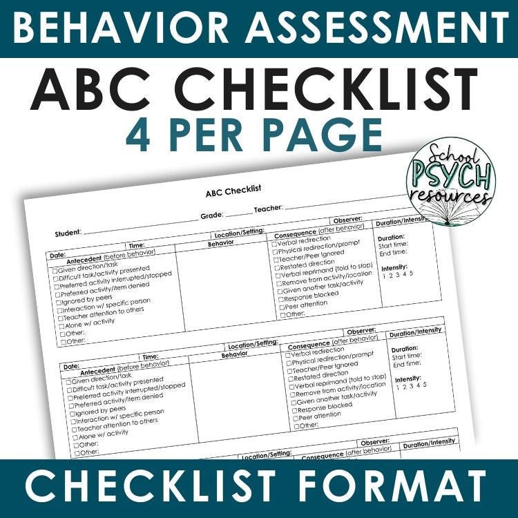 FBA ABC Checklist Behavior Data Form School Psychologist Behavior ...
