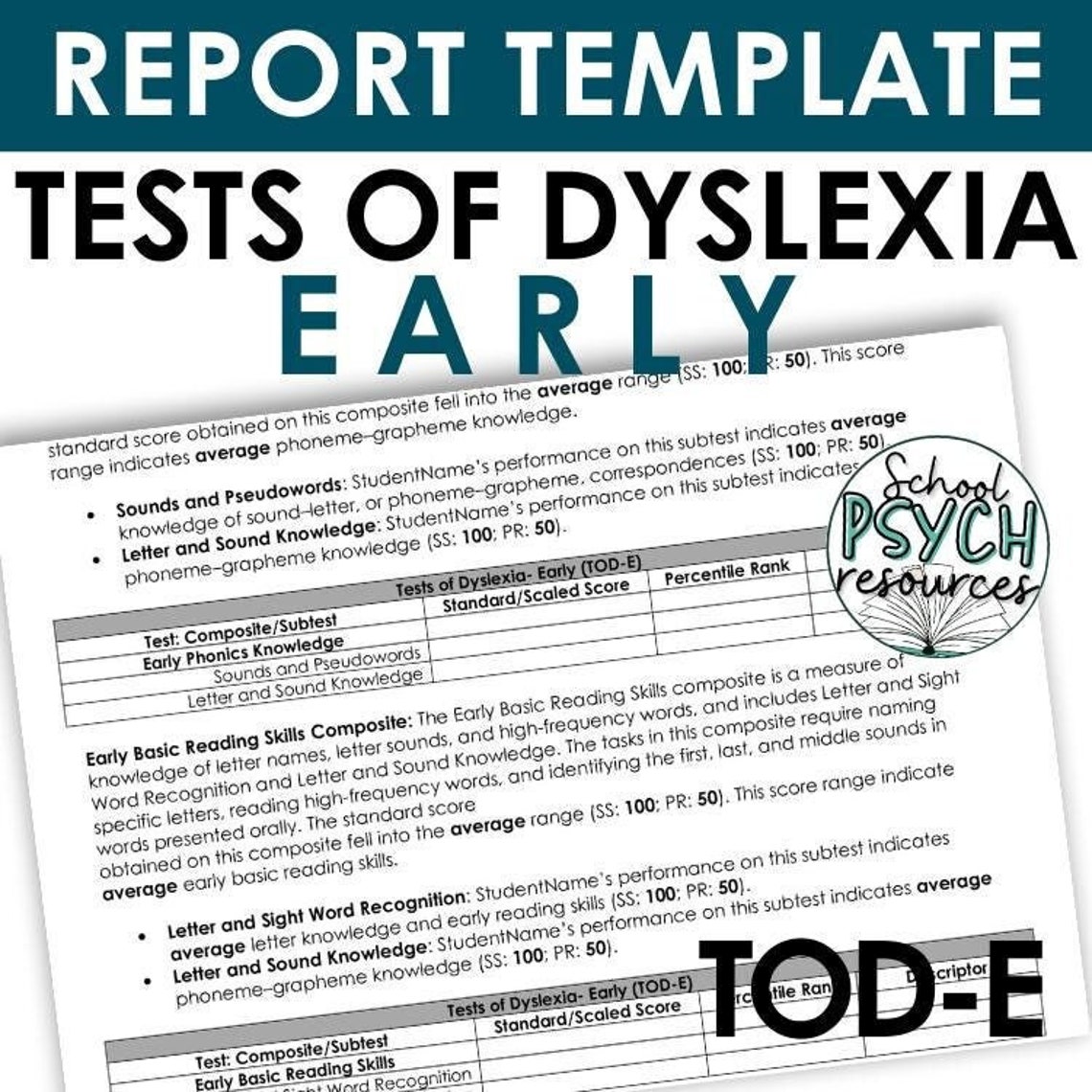 TOD-E Tests of Dyslexia EARLY Report Template School Psych Special Ed ...