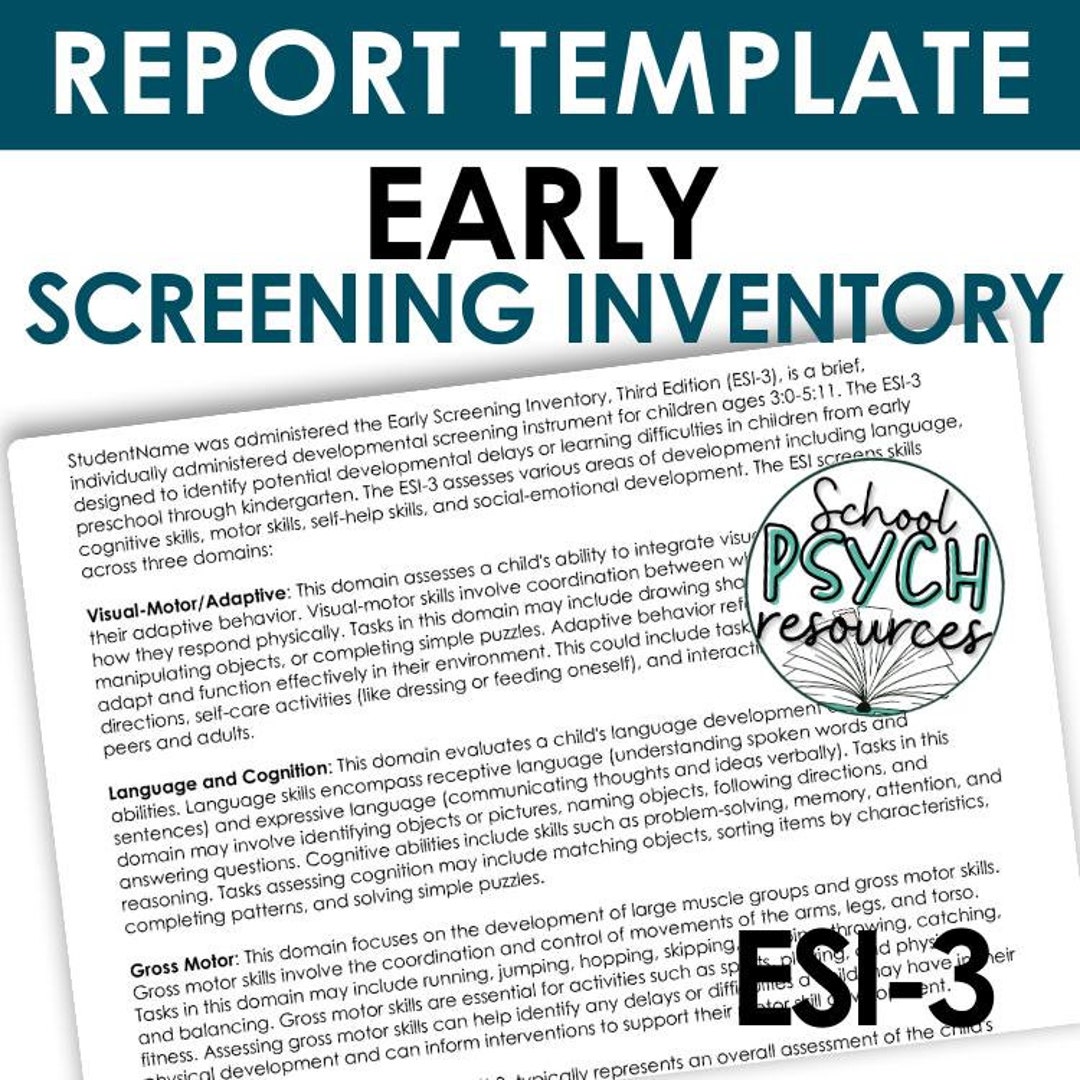 Early Screening Inventory ESI3 Report Template School Psych Special Ed ...