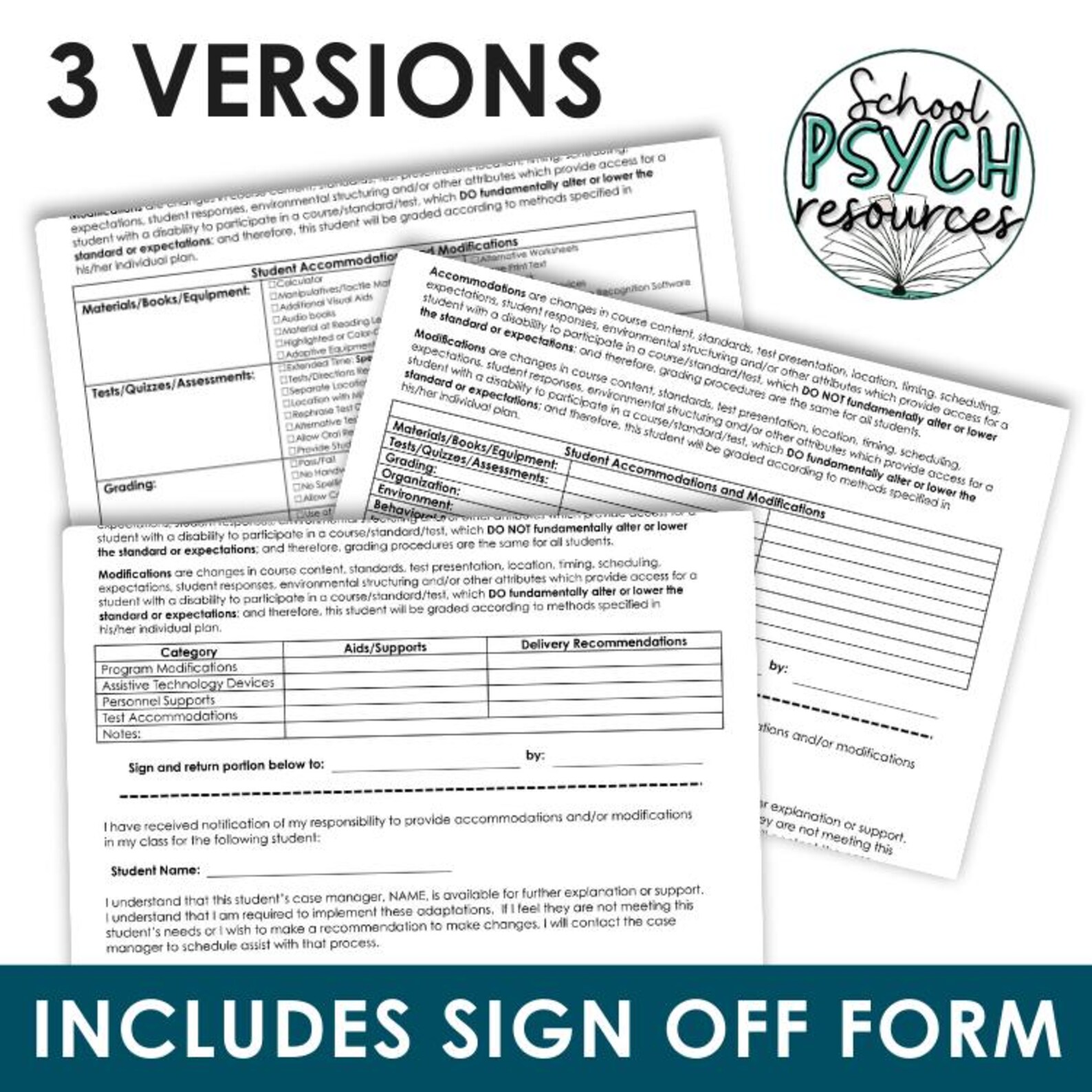 Teacher Notification of Accommodations Modifications Forms 504 IEP SPED ...