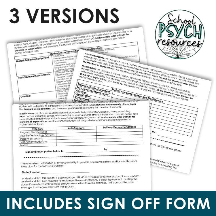 Teacher Notification of Accommodations Modifications Forms 504 IEP SPED ...