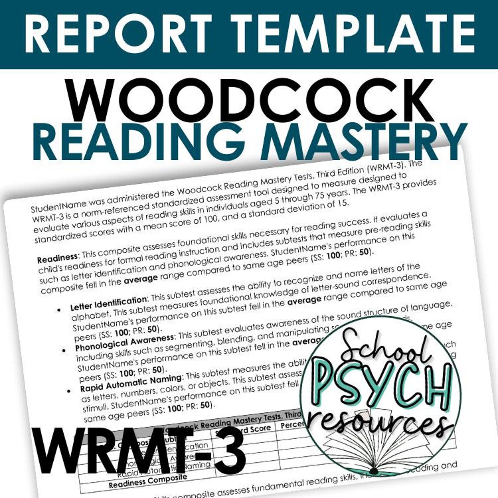 Woodcock Reading Mastery Test WRMT3 Report Template Psych Special Ed ...