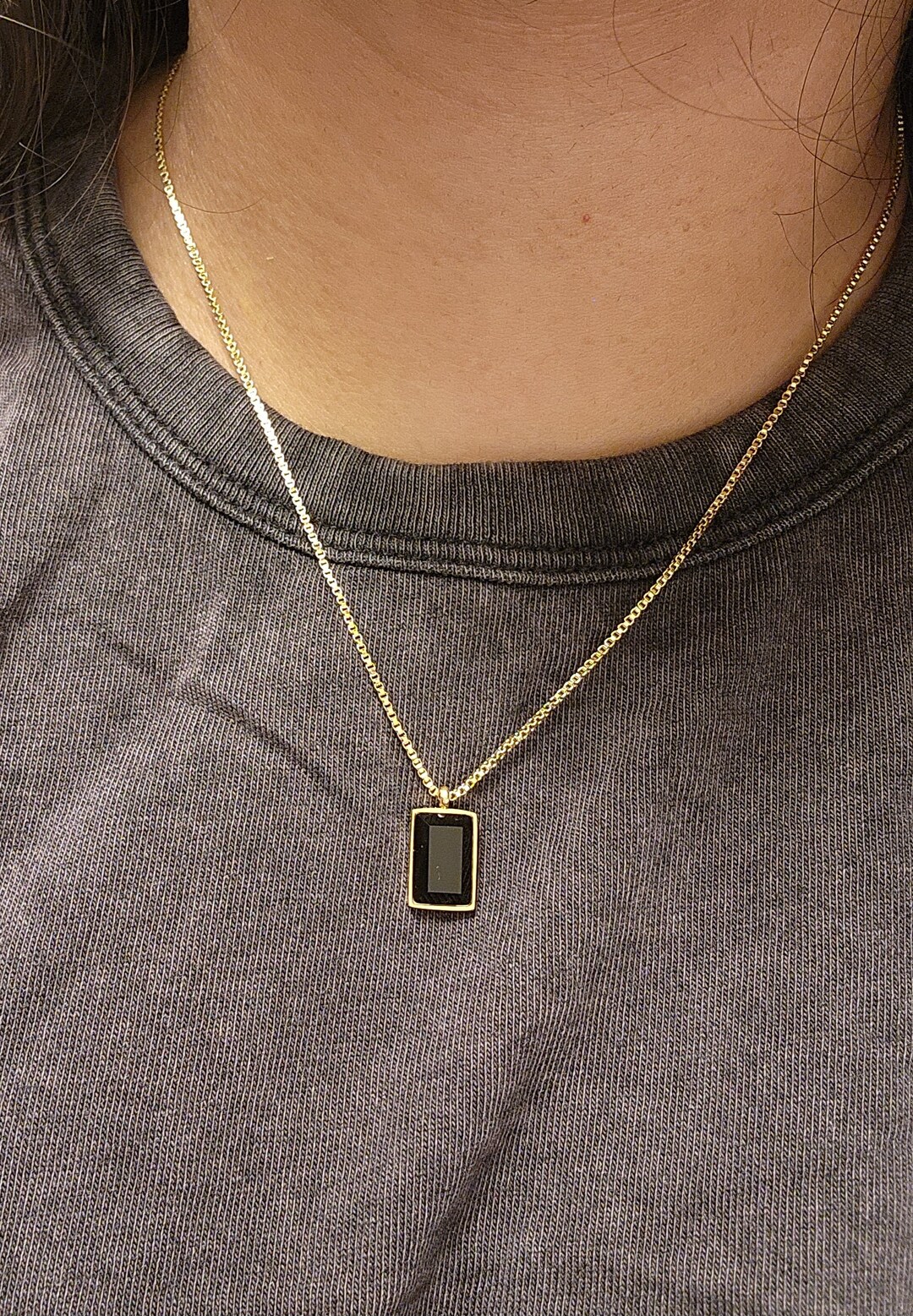 Elegant Gold Necklace - Black Rectangular Pendant - Etsy