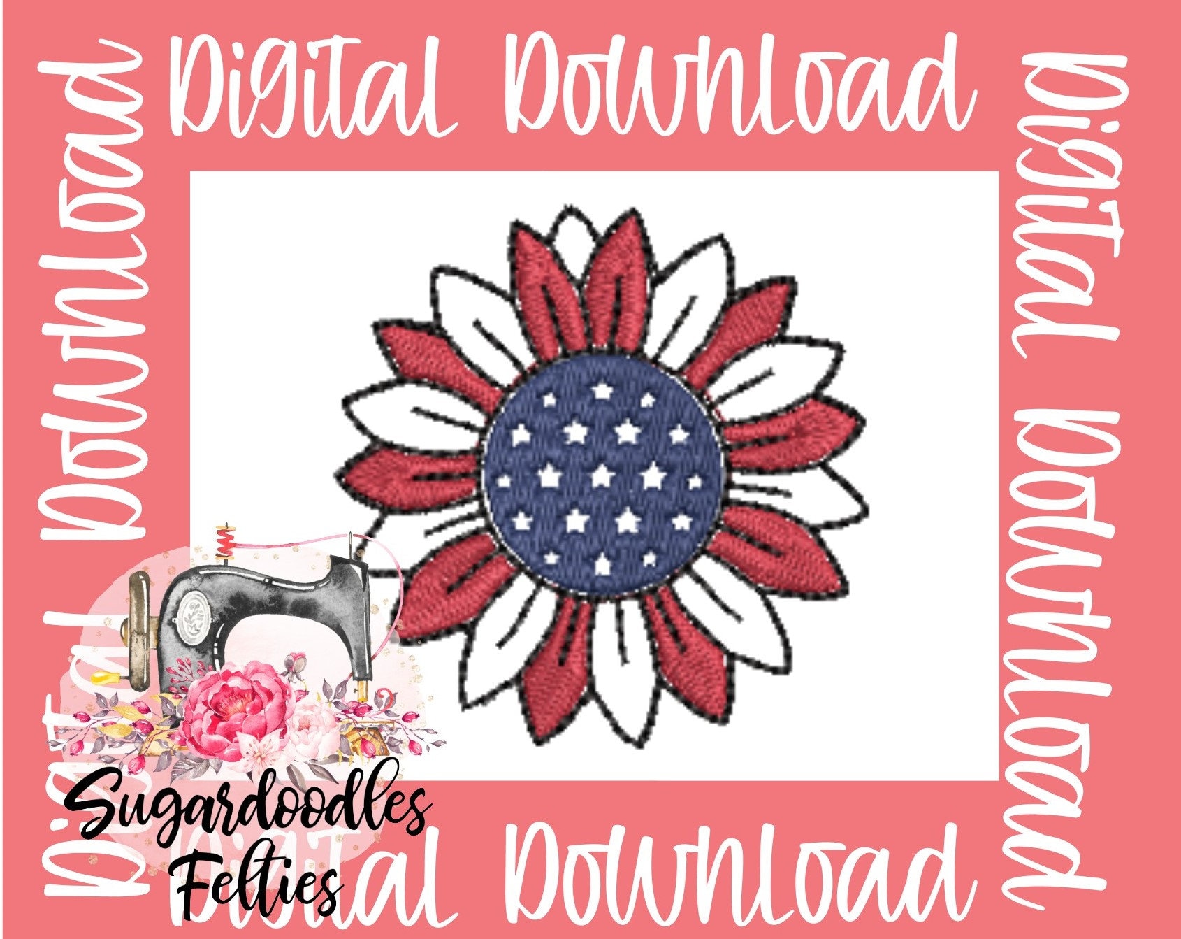 Red White and Blue Sunflower Feltie Embroidery Design-4th of July ...