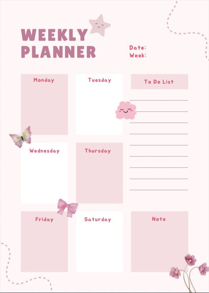 Pastel Pink Weekly Planner Printable | 1-page Minimalist Aesthetic PDF ...