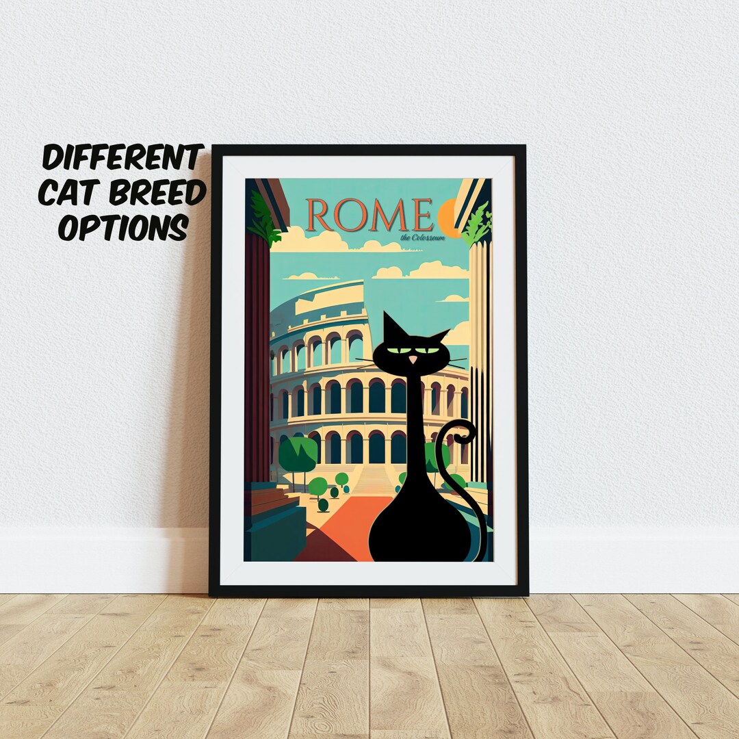 Cat in Rome, Colosseum, Retro Cat Wall Art, Travel Poster, Black Cat ...