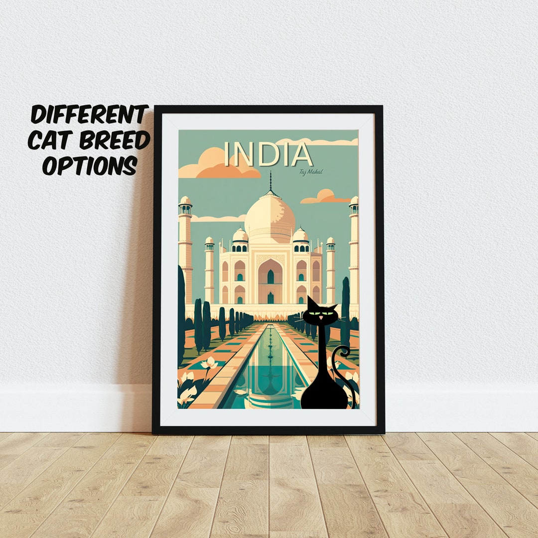 Taj Mahal Cat, Cat in India, Retro Cat Design Wall Art, Travel Poster ...