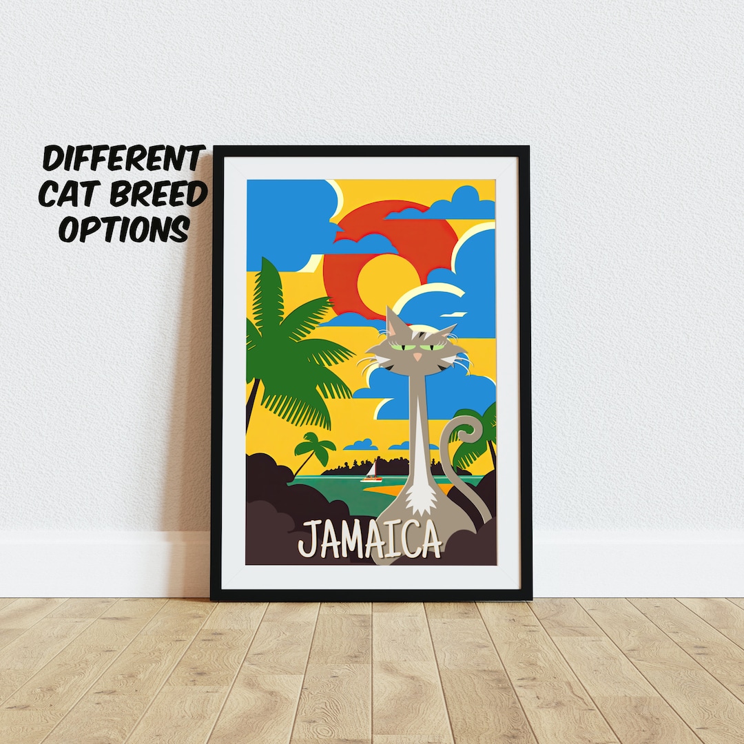 Cat in Jamaica, Retro Cat Wall Art, Travel Poster, Black Cat, Tabby ...