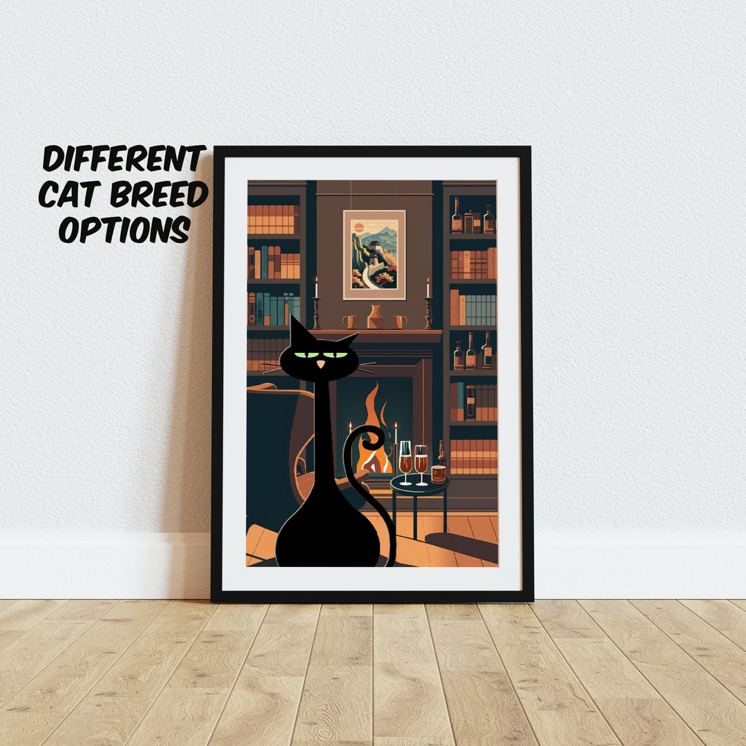 Cat in a Bourbon Library, Retro Cat Wall Art, Black Cat, Tabby, Maine ...