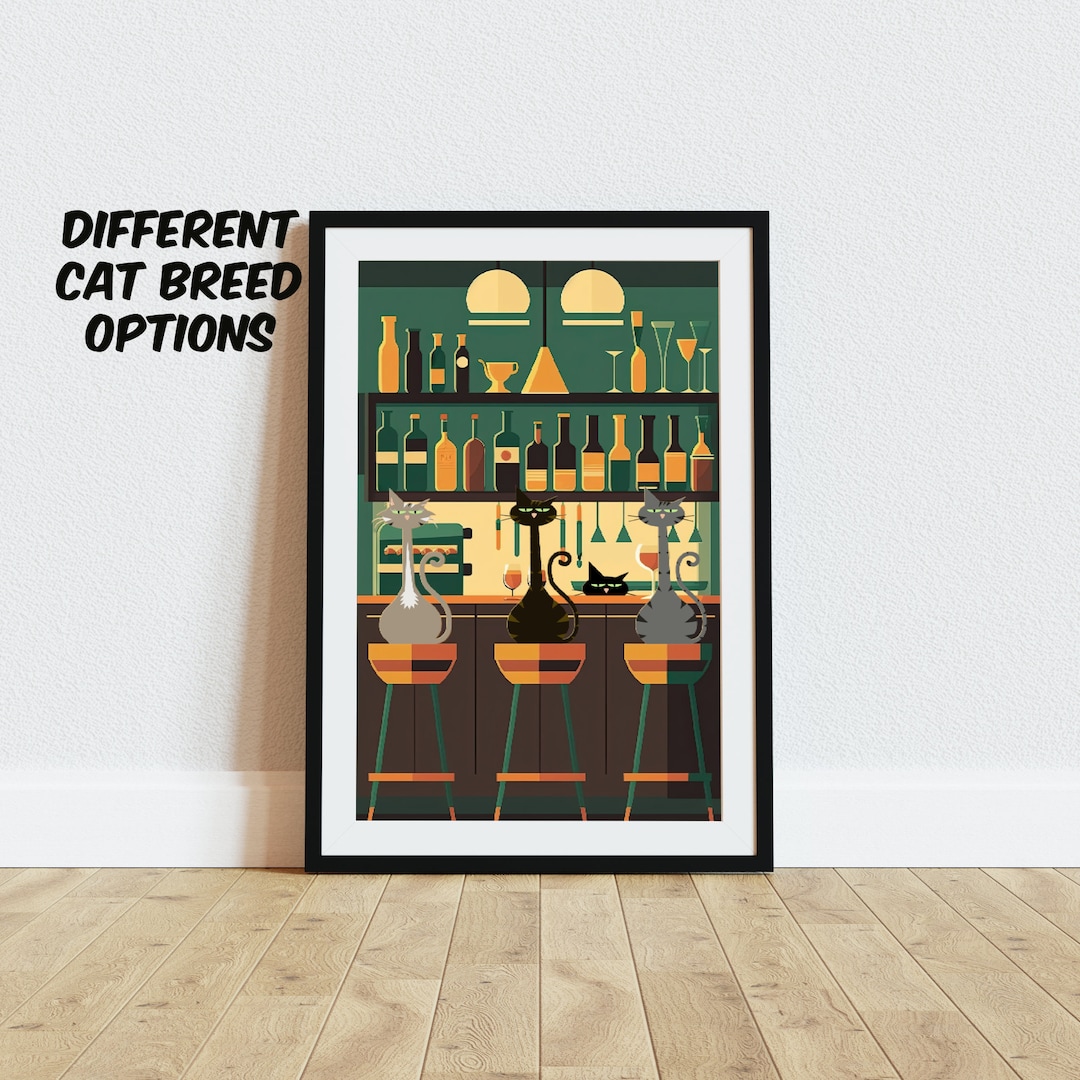 Cat in a Bar, Tavern, Retro Cat Wall Art, Funny Cat Poster, Black Cat ...