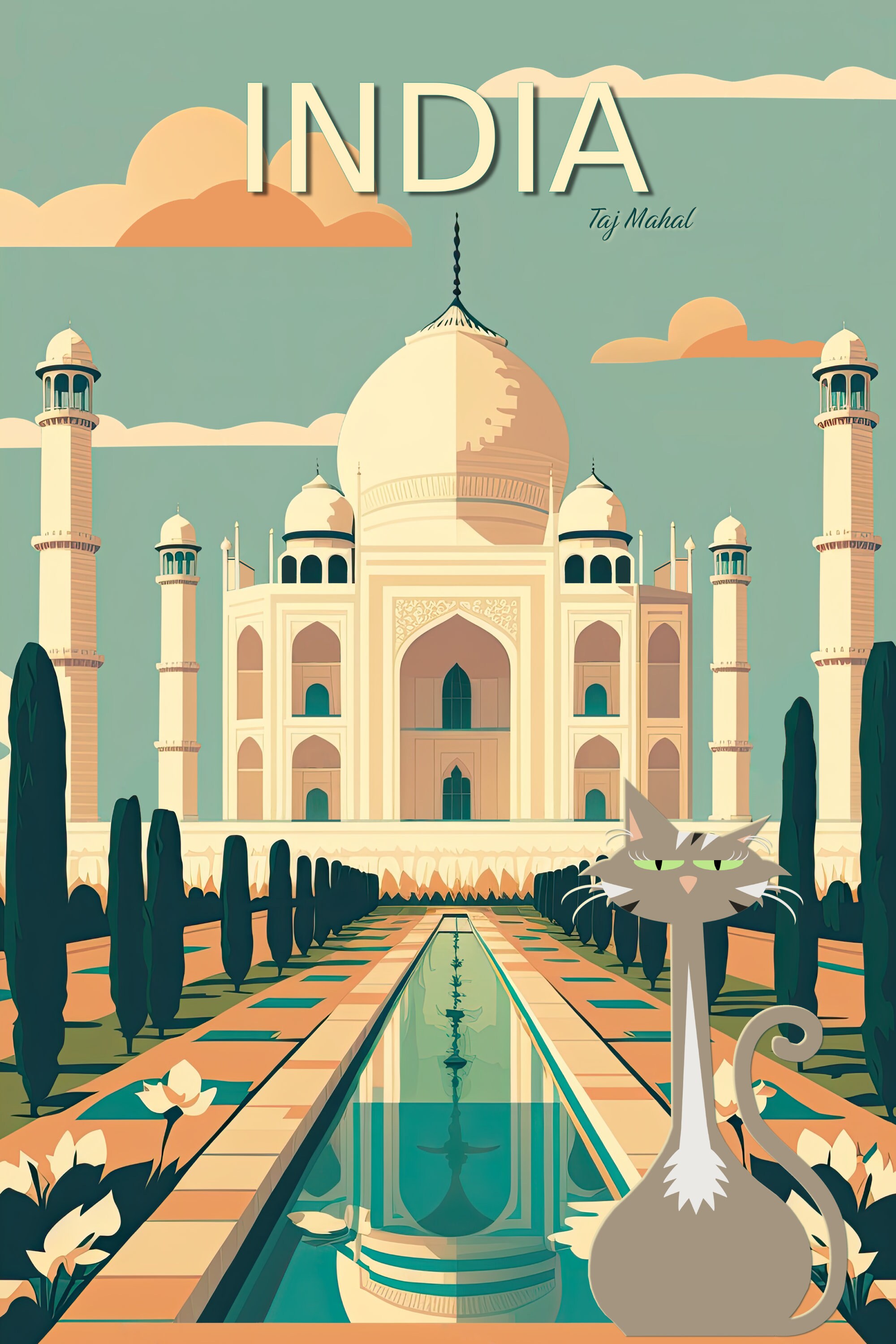 Taj Mahal Cat, Cat in India, Retro Cat Design Wall Art, Travel Poster ...