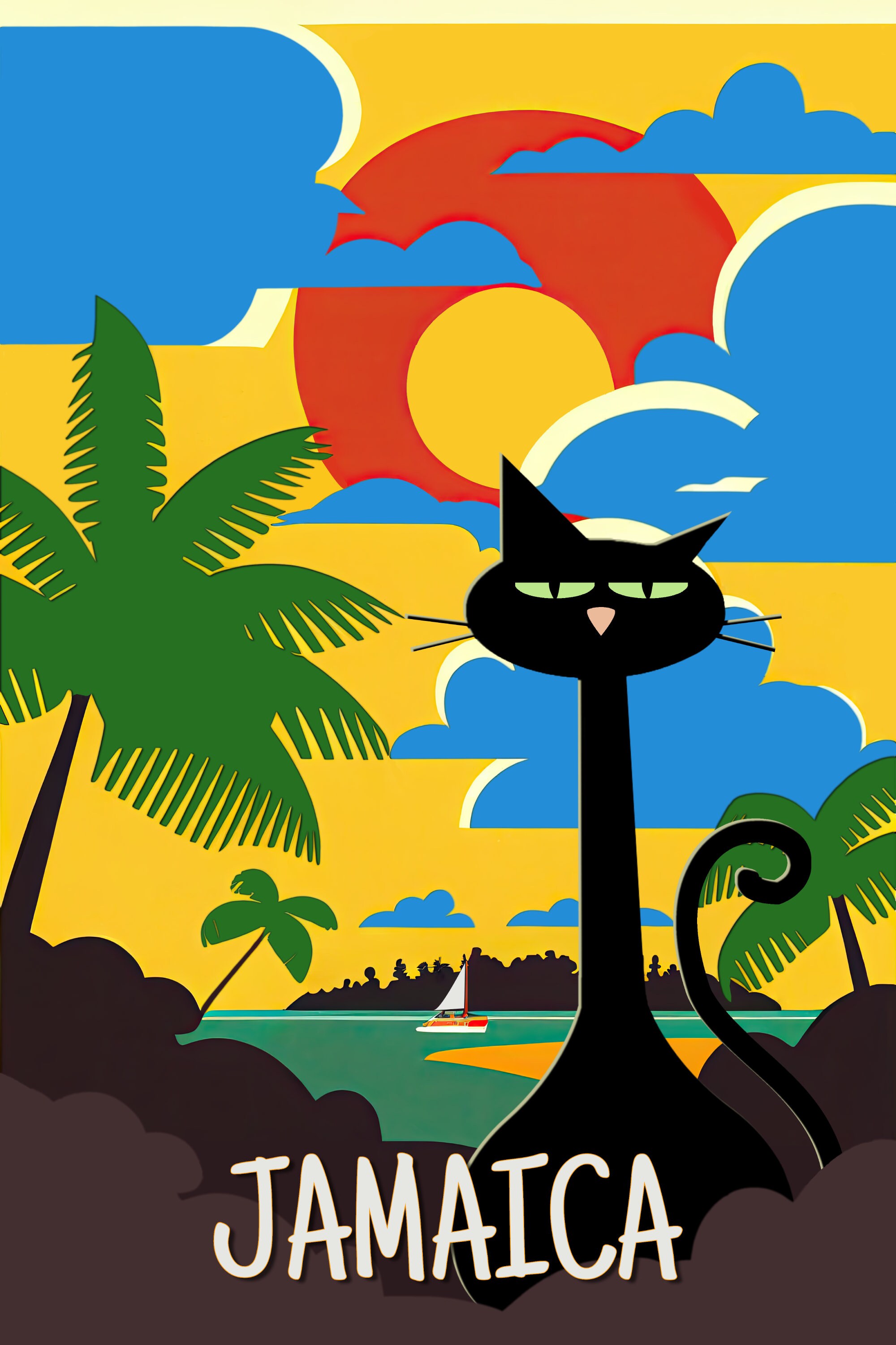 Cat in Jamaica, Retro Cat Wall Art, Travel Poster, Black Cat, Tabby ...