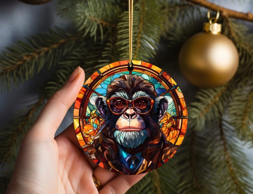 Stained Glass Monkey Ornament, Glass Christmas Ornament, Monkey Decor ...