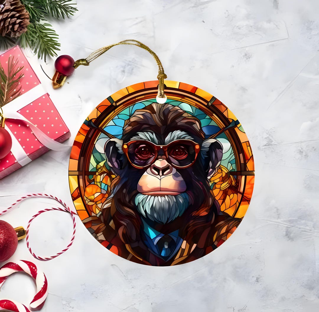 Stained Glass Monkey Ornament, Glass Christmas Ornament, Monkey Decor ...