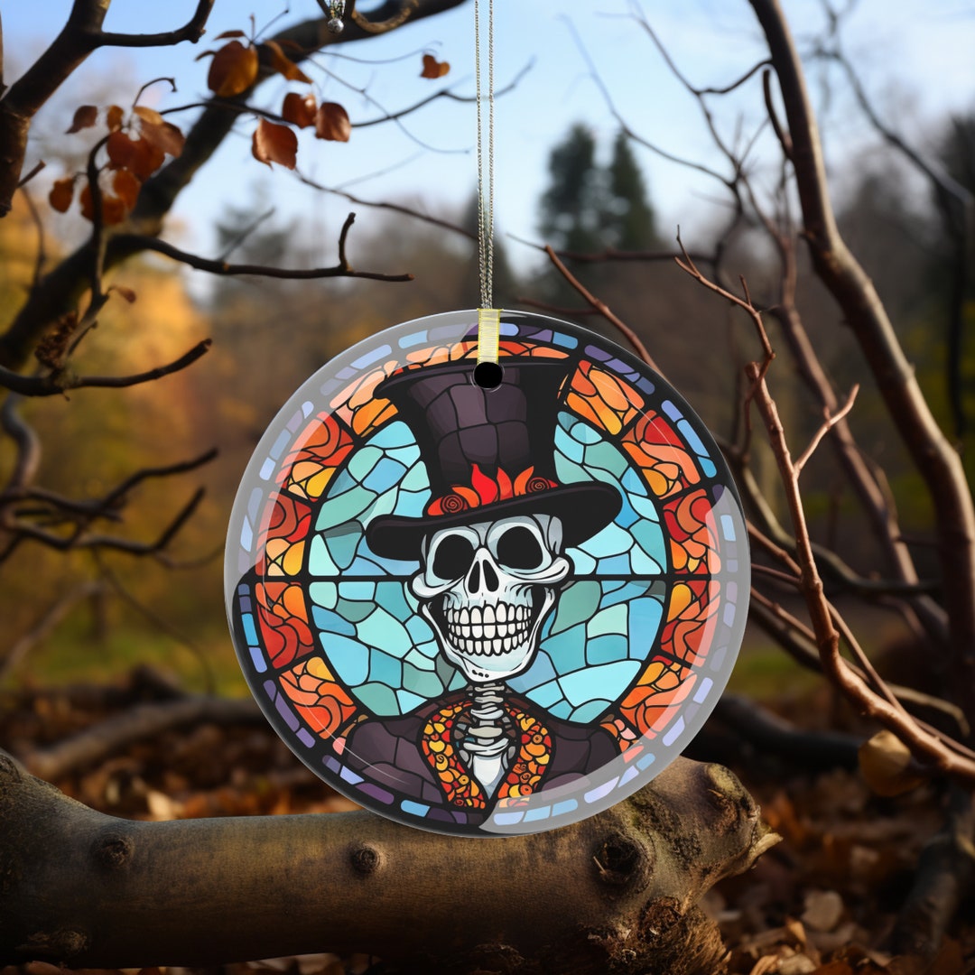 Vintage Skeleton Stained Glass Ornament, Halloween Decor, Stained Glass ...
