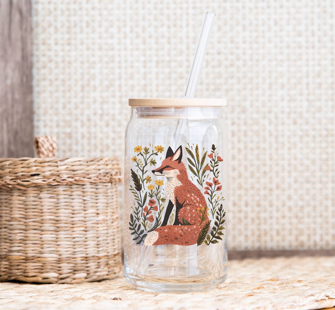 Fox in Woods Glass Iced Coffee Cup, Cute Fox Tumbler, Foxy Gifts, Cup ...