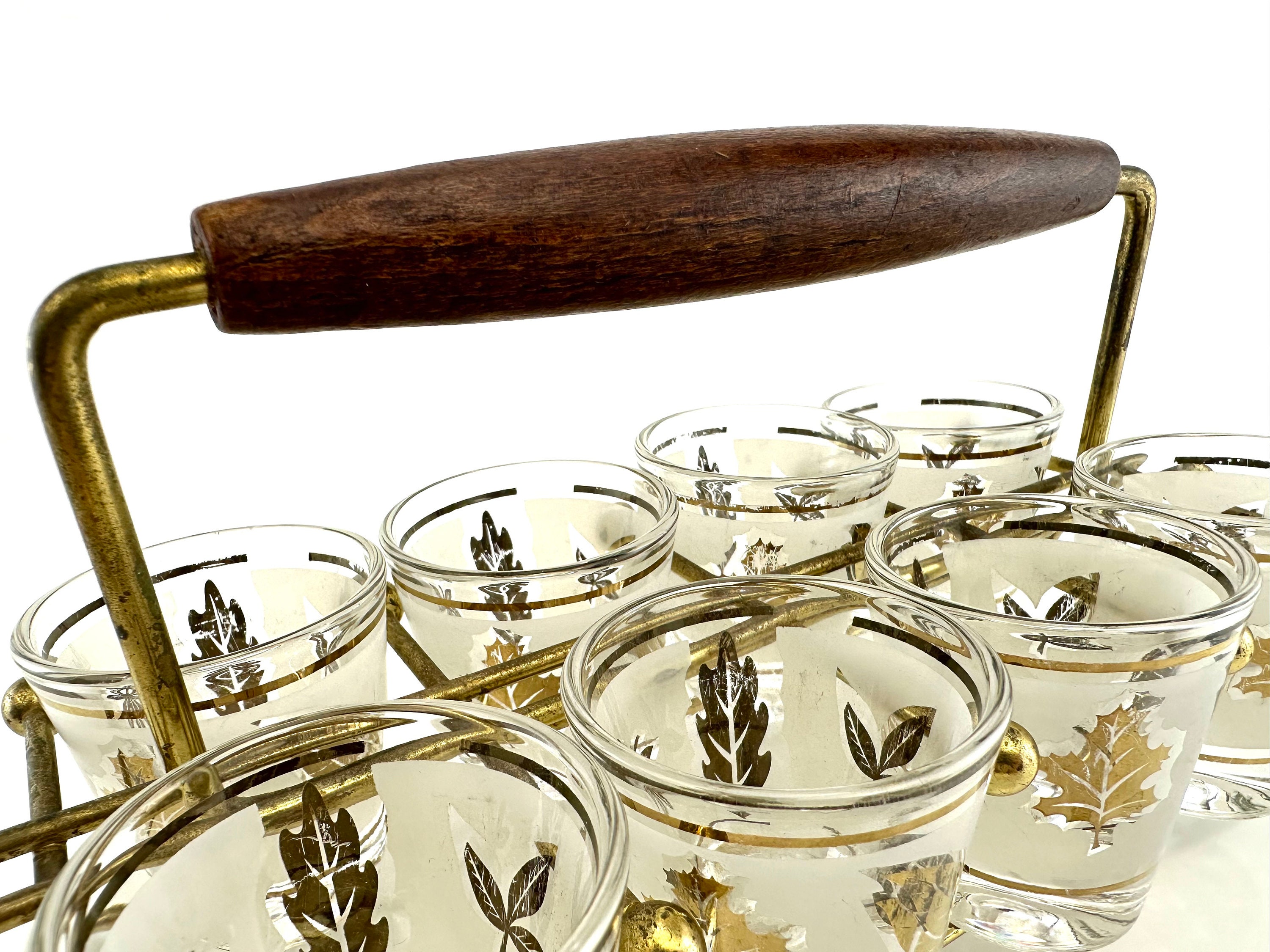 MCM Vintage Shot Glass Set With Teak Handle Carrier, Gold Leaf Libby ...