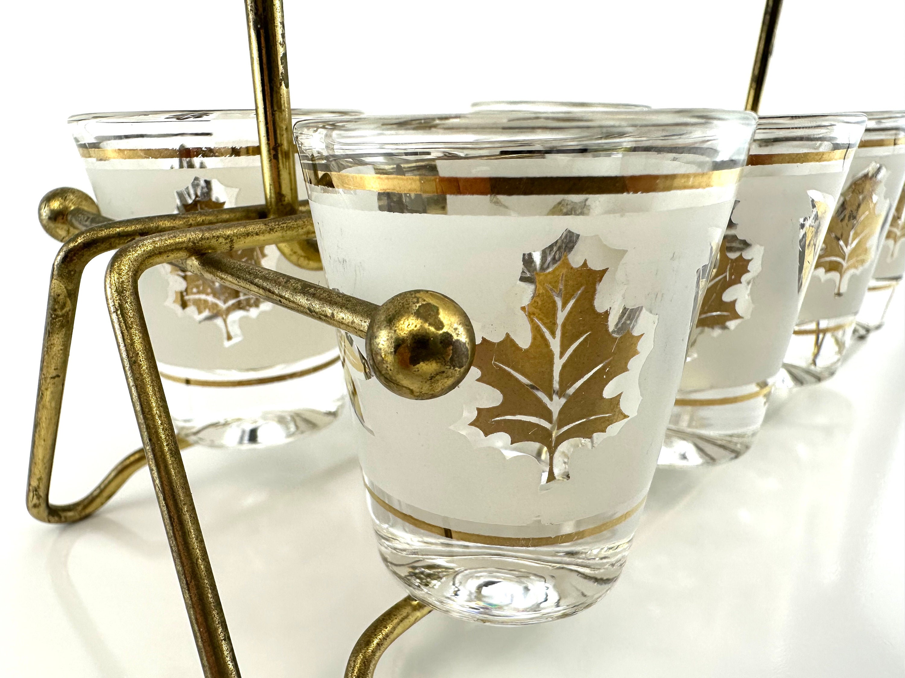 MCM Vintage Shot Glass Set With Teak Handle Carrier, Gold Leaf Libby ...