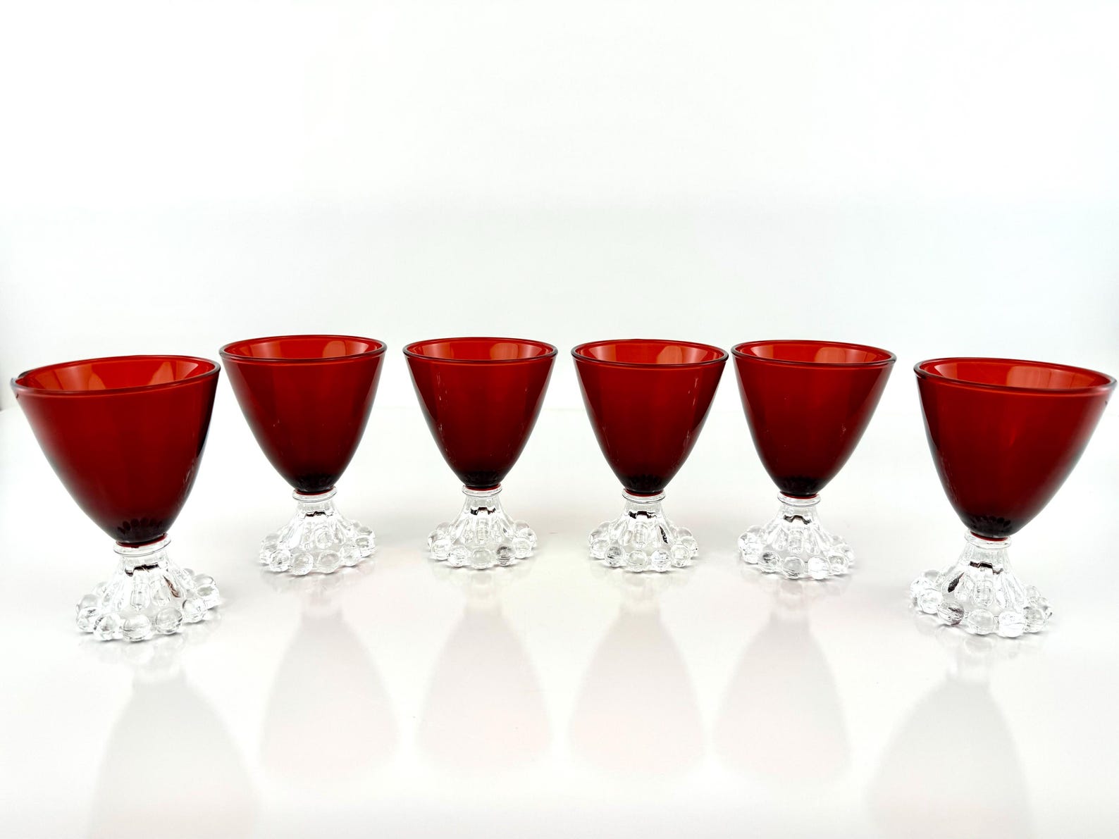 Vintage Ruby Red Glass Goblets With Clear Bubble Stem, Set of 6 Mid ...