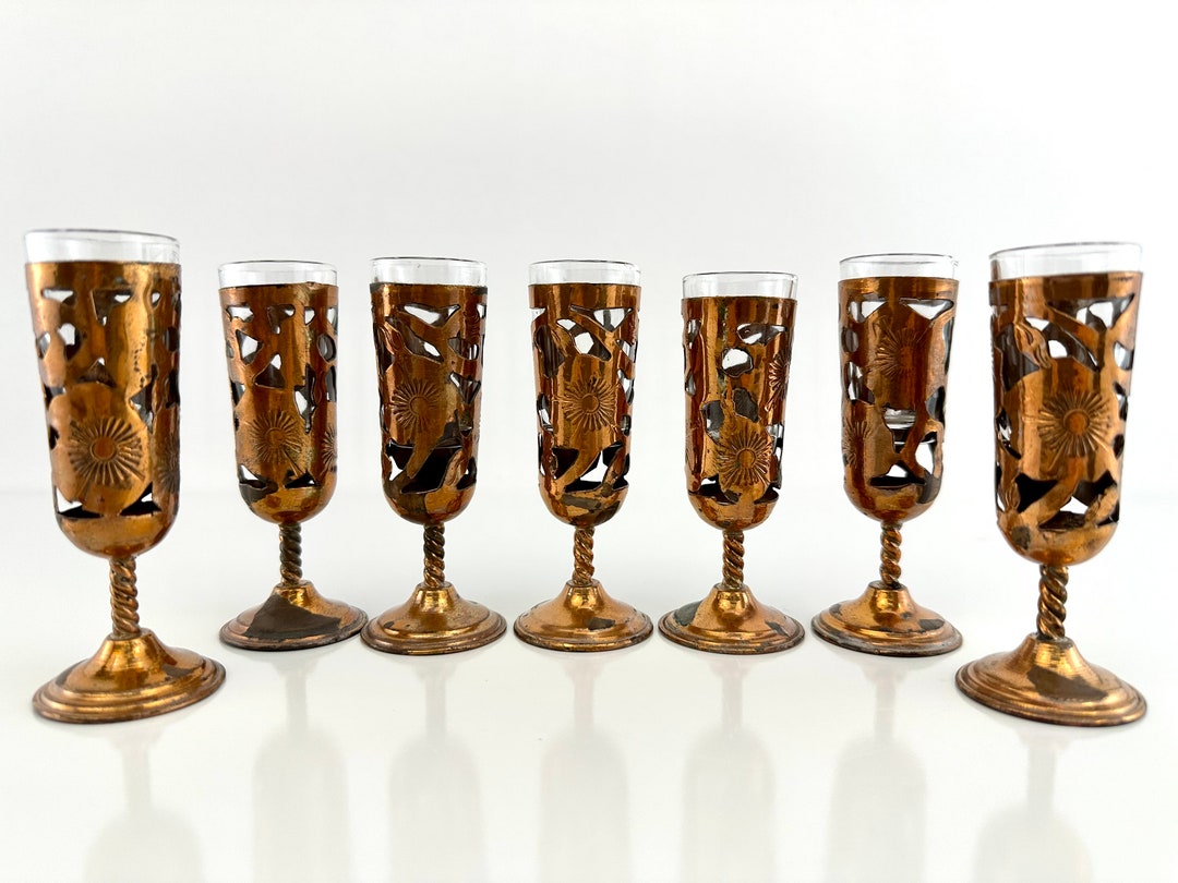 Vintage Cut Copper Hand Crafted Cordials, Rare Set of 7, Vintage ...