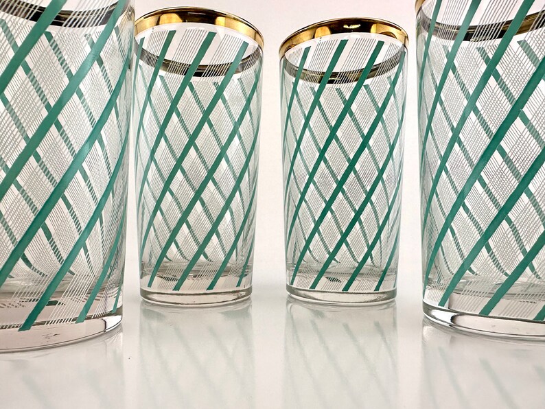 MCM Teal Green and Gold Stripe Glass Tumblers, Cocktail Glasses, Set of ...