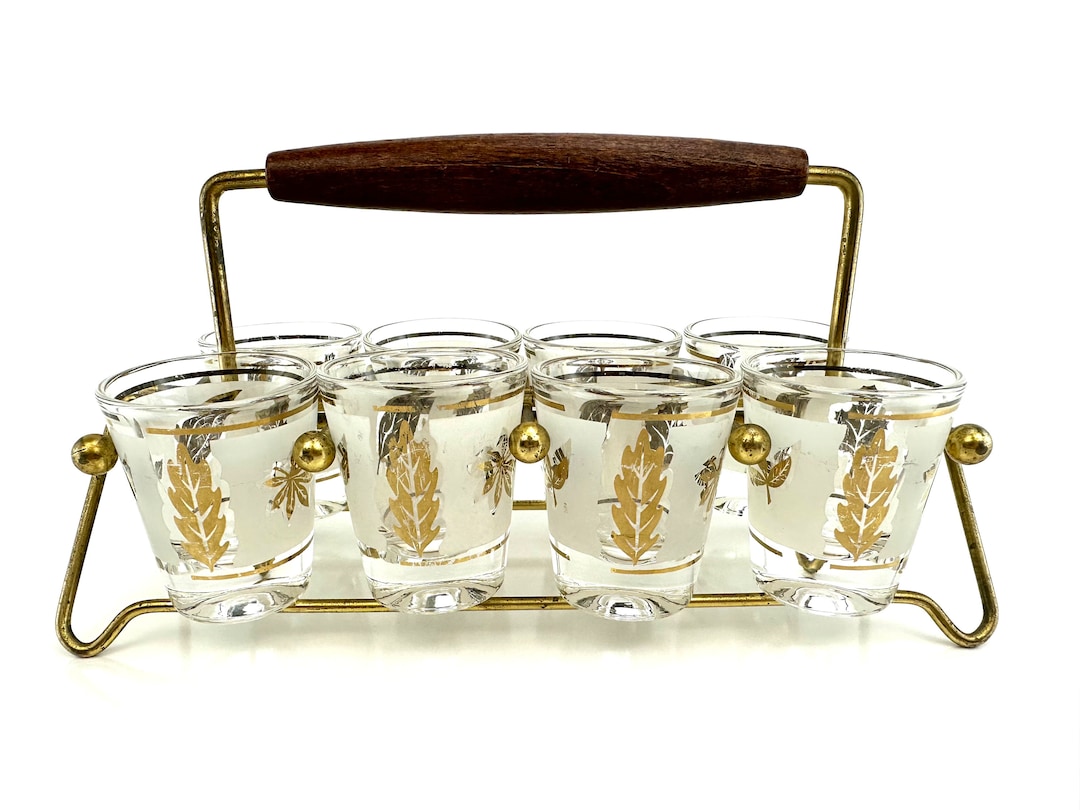 MCM Vintage Shot Glass Set With Teak Handle Carrier, Gold Leaf Libby ...