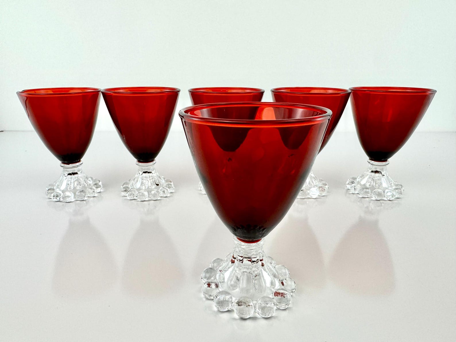 Vintage Ruby Red Glass Goblets With Clear Bubble Stem, Set of 6 Mid ...