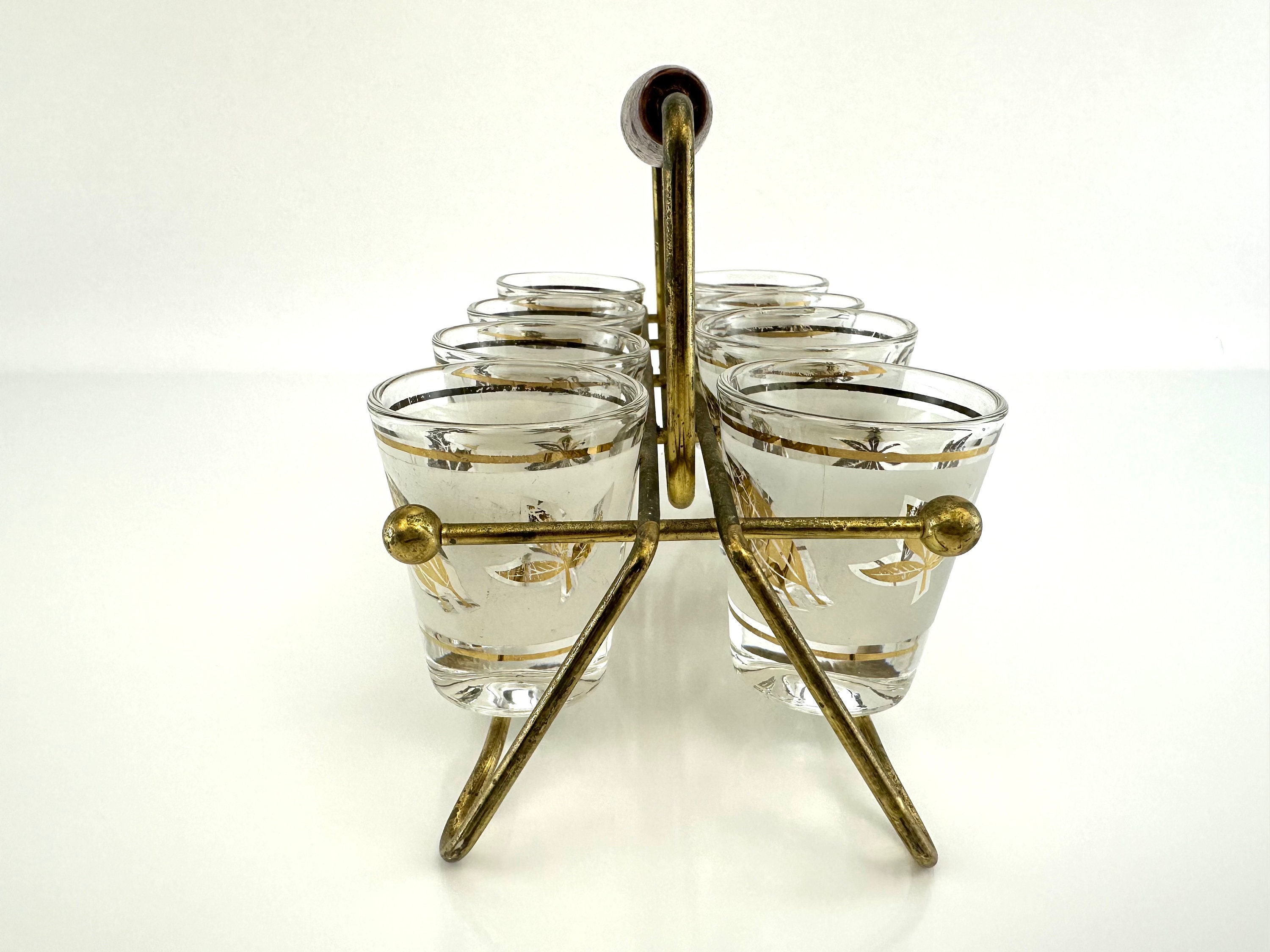 MCM Vintage Shot Glass Set With Teak Handle Carrier, Gold Leaf Libby ...