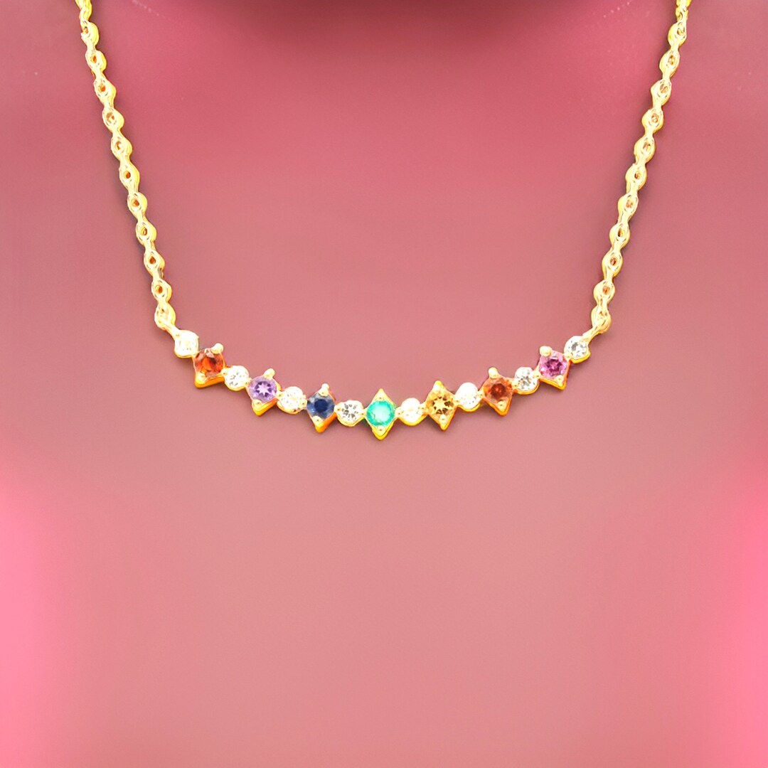 Solid Gold Multi-coloured Necklace, Rainbow Necklace, Birthstone ...