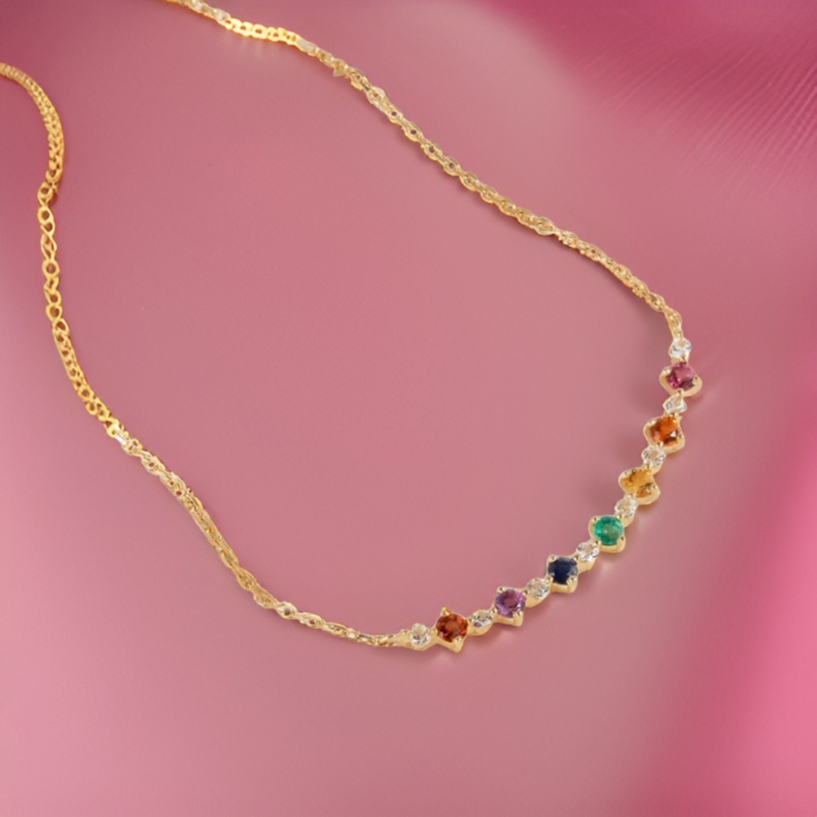 Solid Gold Multi-coloured Necklace, Rainbow Necklace, Birthstone ...